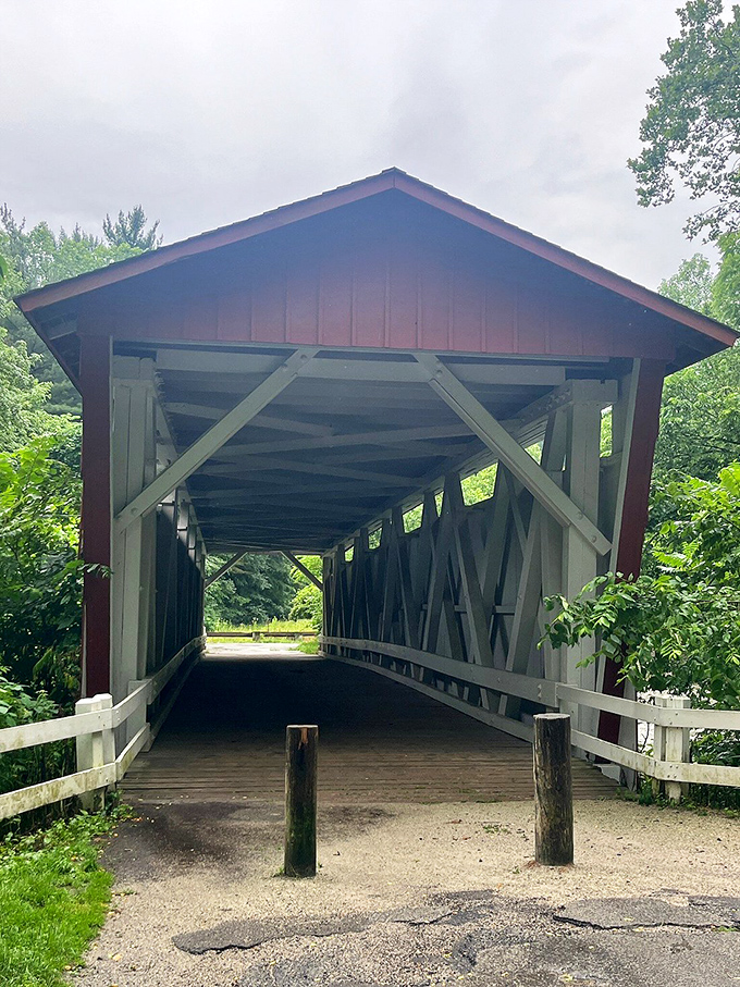 Everett Covered Bridge stands as a romantic reminder of bygone days when craftsmanship mattered and bridges had roofs.
