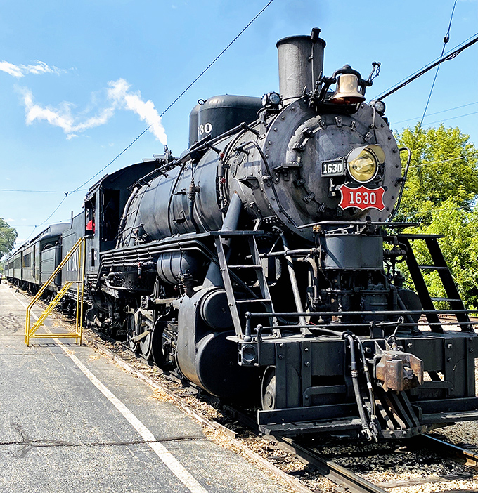 Steam power personified: This magnificent locomotive's gleaming black bulk represents an era when coal and water moved a nation.