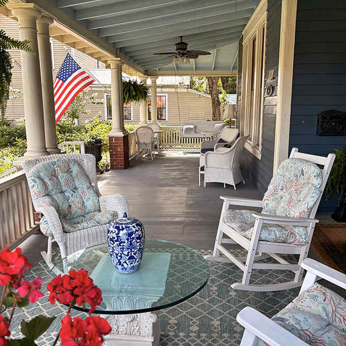 Rocking chairs and wicker furniture create the perfect perch for watching the world go by at a deliciously unhurried 19th-century pace.