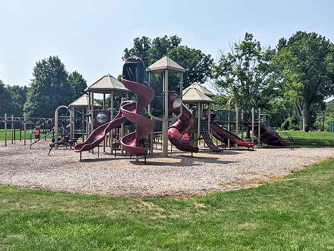 Kids tackle the playground equipment at Galena Recreation Park with the timeless enthusiasm that no video game can replicate.