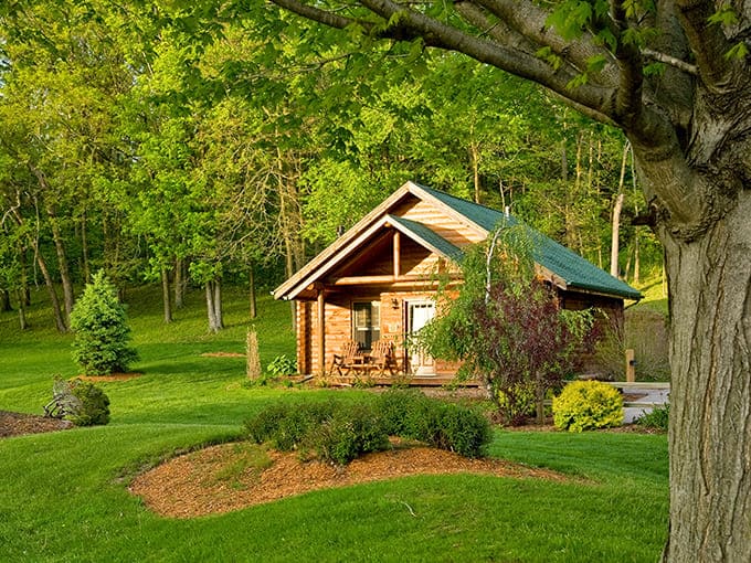 This charming log cabin nestled among verdant trees offers a storybook retreat where Goldilocks would happily upgrade from porridge to room service.