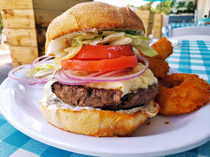 Greek Burger: Architecture in food form&mdash;a perfectly stacked creation that requires strategic first-bite planning and zero regrets.