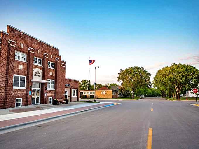 Hallock's City Hall anchors the community with sturdy brick architecture that speaks to the town's enduring civic pride.