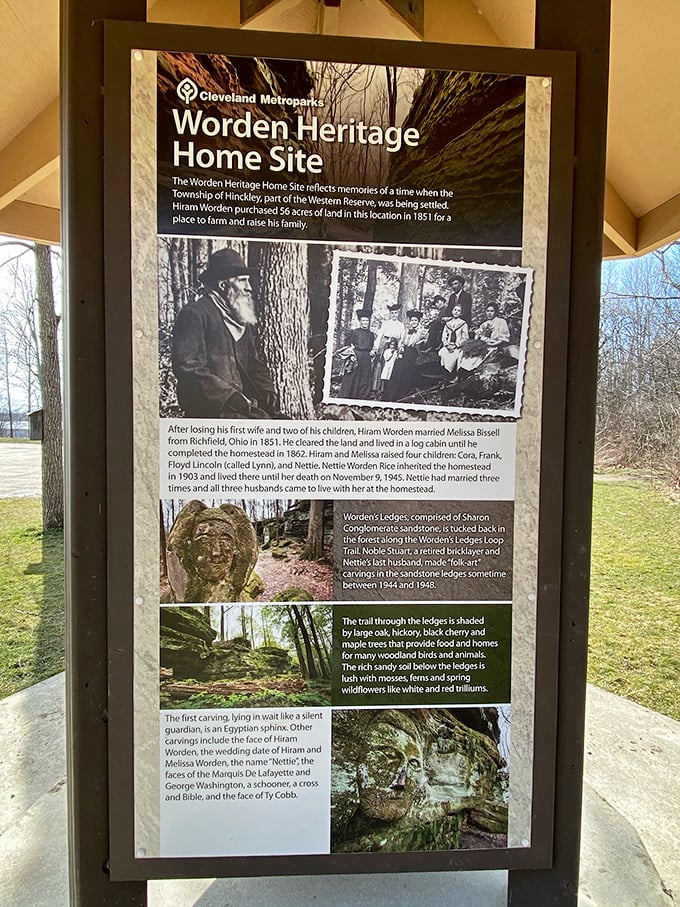 History etched in stone: The Worden Heritage Home Site sign reveals the fascinating backstory of this artistic woodland treasure.