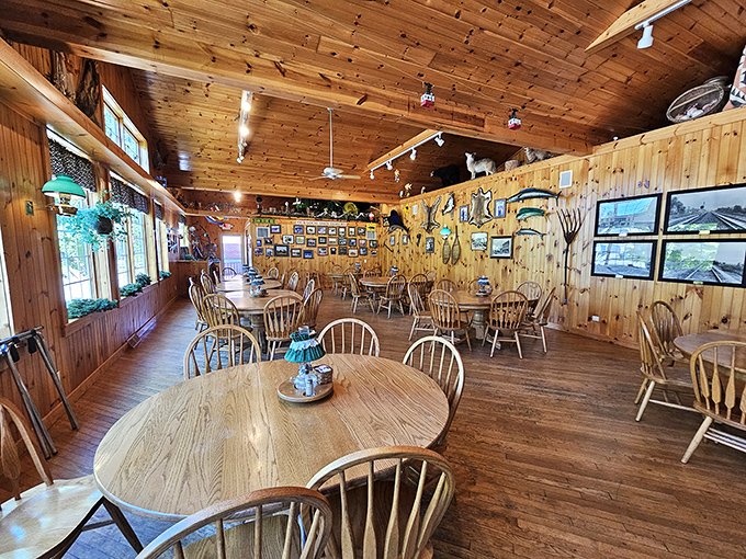 The dining room's wooden walls display local artifacts and photos, creating an atmosphere where every meal feels like Sunday dinner at Grandma's &ndash; if Grandma could cook for an army.
