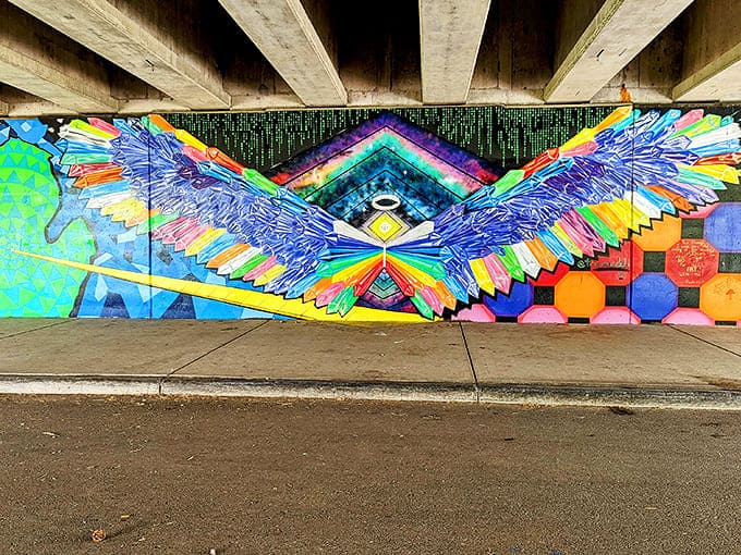 Beneath ordinary overpasses, extraordinary explosions of color transform concrete into canvas. This vibrant mural adds unexpected joy to urban exploration.