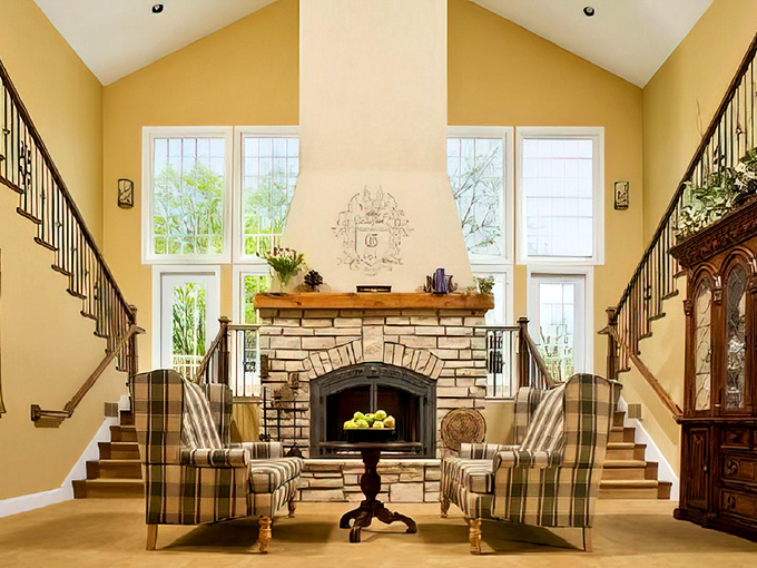 Lobby: Soaring ceilings and a stone fireplace create a great room that makes you wonder if you've wandered into a particularly hospitable medieval estate.