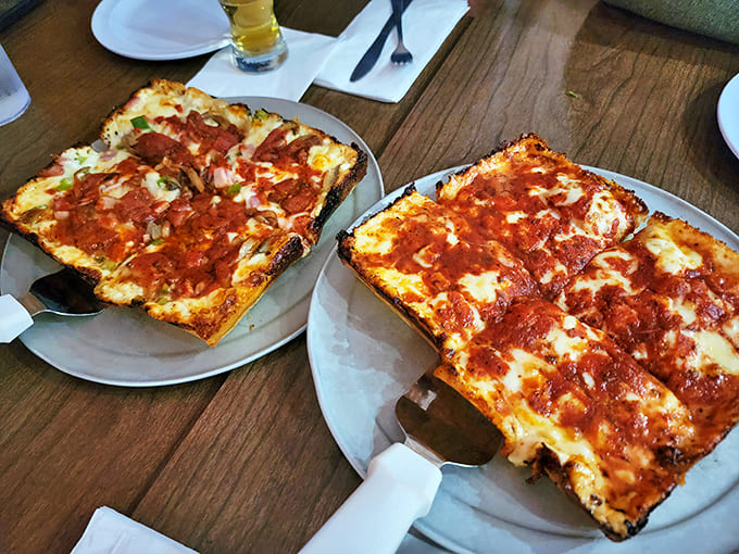 Square slices of heaven with perfectly crispy edges &ndash; this isn't just pizza, it's edible Detroit history.