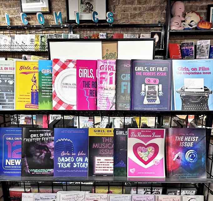 The magazine section showcases "Girls on Film" and other indie publications that major retailers wouldn't touch &ndash; voices too unique for mainstream distribution.