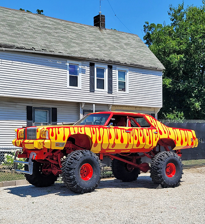 Not your average Sunday driver &ndash; this flame-dripping monster truck with tires taller than most NBA players dominates the Cleveland landscape.