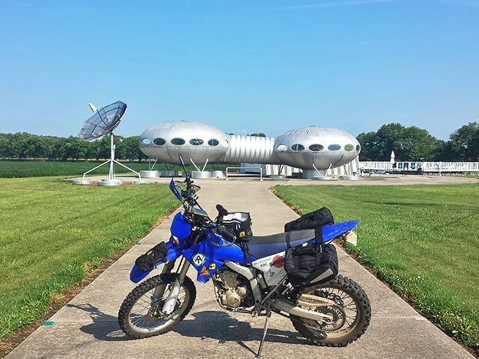 A lone motorcycle waits patiently, perhaps the preferred transportation method for visiting extraterrestrials making a quick pit stop in Ohio.
