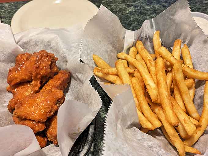 Crispy on the outside, juicy within &ndash; these wings don't fly under the radar when paired with golden, perfectly salted fries.