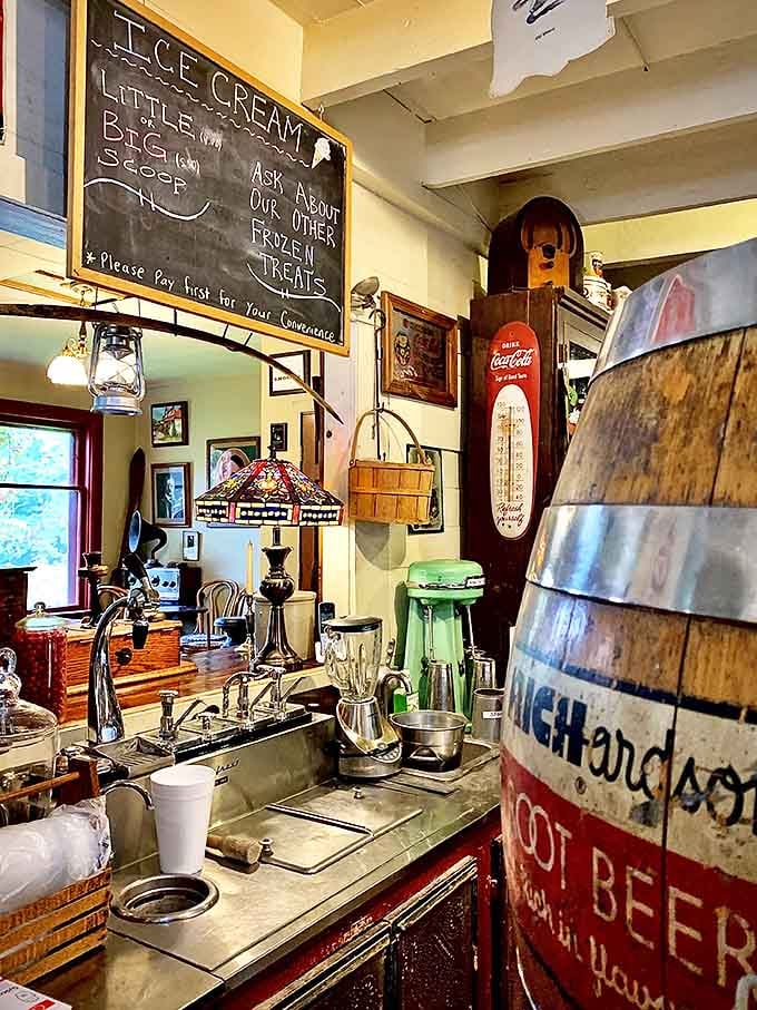 The vintage soda fountain area where summer memories are made one scoop at a time, complete with the original equipment.