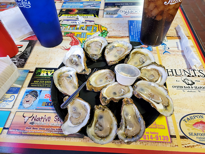 A dozen glistening Gulf oysters on the half shell – nature's perfect appetizer waiting for just a squeeze of lemon and a dash of hot sauce.