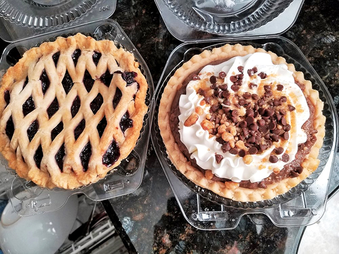 Decisions, decisions! The pie display case at Yoder's is the stuff of sweet dreams, showcasing fruit-filled masterpieces and cream-topped wonders.