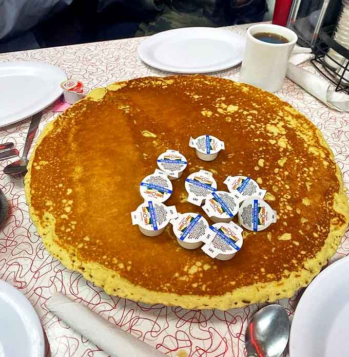 The legendary giant pancake: Sixteen inches of golden breakfast glory topped with a snowcap of butter pats &ndash; regular pancakes look positively miniature by comparison.