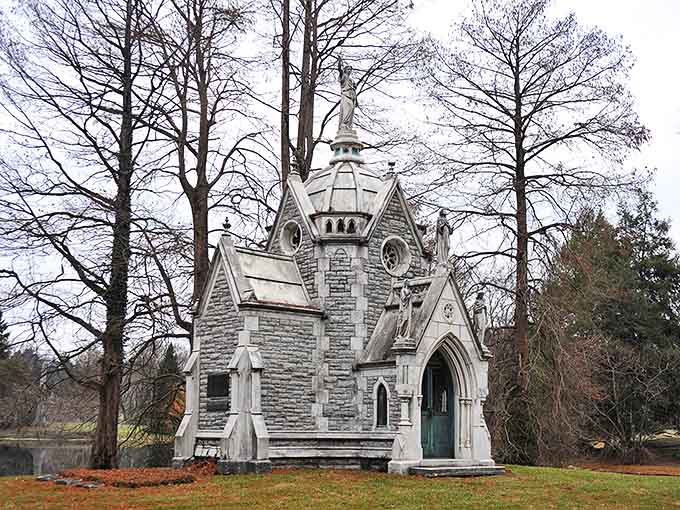 This Victorian-era mausoleum could double as a tiny castle, complete with turrets and stonework that's survived over a century.