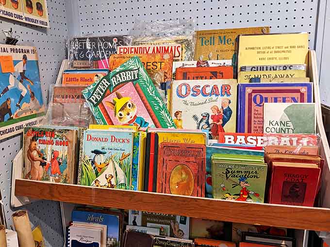 Vintage children's books line the shelves, their colorful spines promising adventures with Peter Rabbit and Donald Duck – bedtime stories with genuine vintage charm.