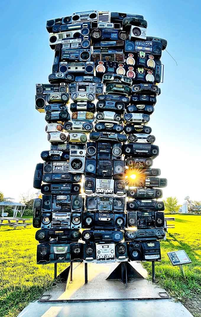 A tower of vintage boomboxes reaches skyward &ndash; the ultimate mixtape monument that would make any '80s kid weep with nostalgia.