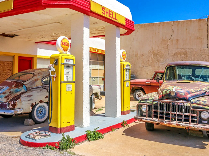 Frozen in time &ndash; this vintage Shell station with its bright yellow pumps still looks ready to service your '57 Chevy.