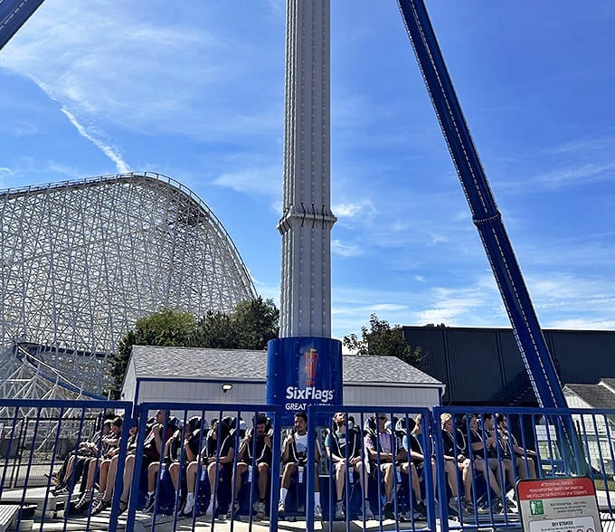 The loading area where brave souls become temporary astronauts, minus the extensive training and with significantly more screaming.