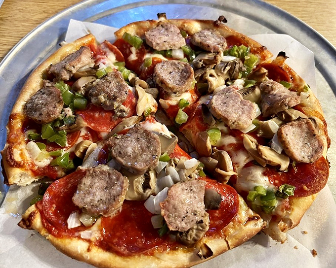 A symphony of toppings &ndash; this loaded pizza showcases the kitchen's commitment to hearty, satisfying pies worth crossing bridges for.