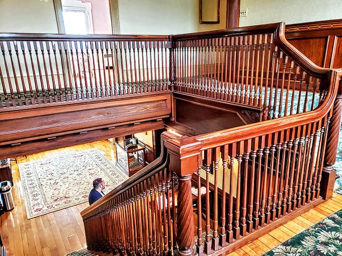 Staircase: Grand wooden staircases like this weren't just for getting upstairs&mdash;they were for making an entrance worthy of a period drama.
