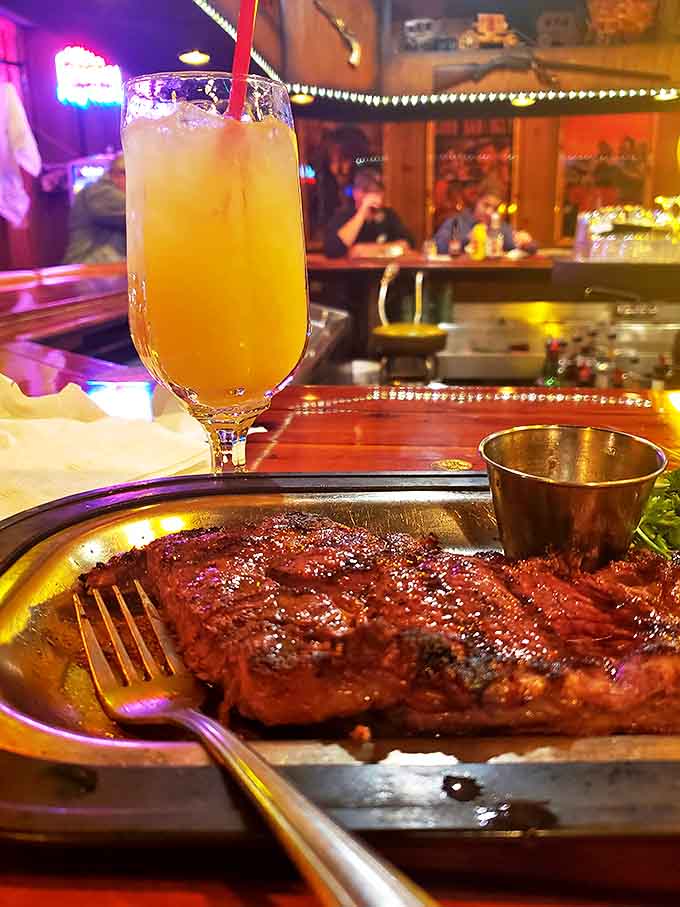 Nothing pairs better with a juicy steak than a tall drink and the possibility that someone from the afterlife might be eyeing your dinner.