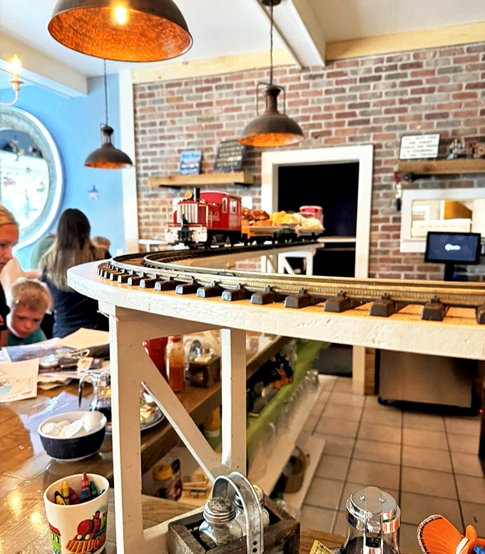 All aboard the flavor express! The restaurant's signature miniature train system carries plates of deliciousness directly to eager diners.