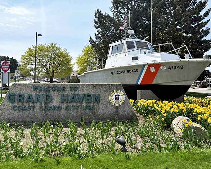 A vintage Coast Guard boat welcomes visitors to Grand Haven, proving this town takes its maritime heritage seriously.