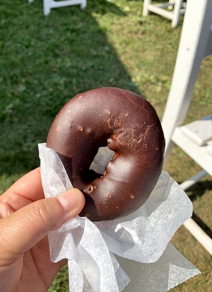 The chocolate-dipped cake donut wears its glossy coating like a tuxedo, fancy enough for special occasions but perfect for Tuesday mornings.
