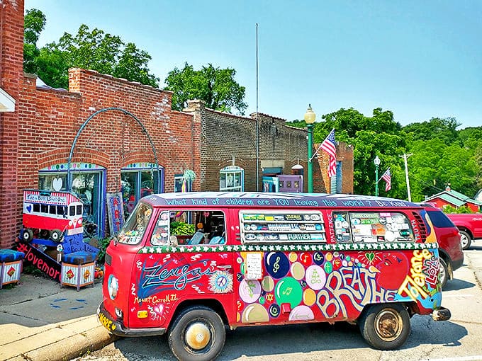 This colorful VW bus outside Zenga's Gallery perfectly captures Mount Carroll's quirky artistic spirit&mdash;mobile joy in vehicular form.