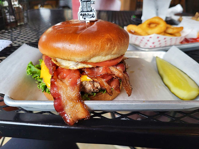 Bacon and cheese burger: This isn't just a bacon cheeseburger&mdash;it's a masterpiece of crispy, salty bacon embracing melted cheese atop a perfectly seasoned patty. Pickle included for that essential tang!