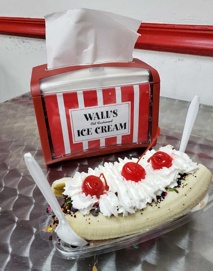 The banana split at Wall's isn't just dessert &ndash; it's architecture, sculpture, and pure joy topped with cherries and whipped cream.