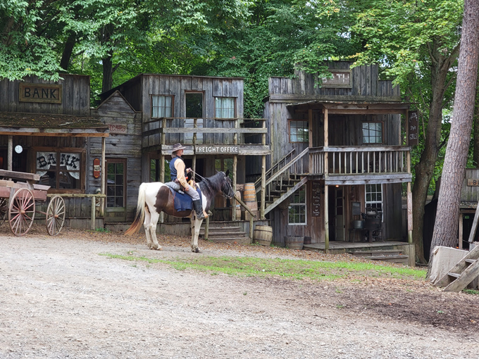 A cowboy riding past the Bank and Freight Office in Dogwood Pass. Ready for some Wild West action!