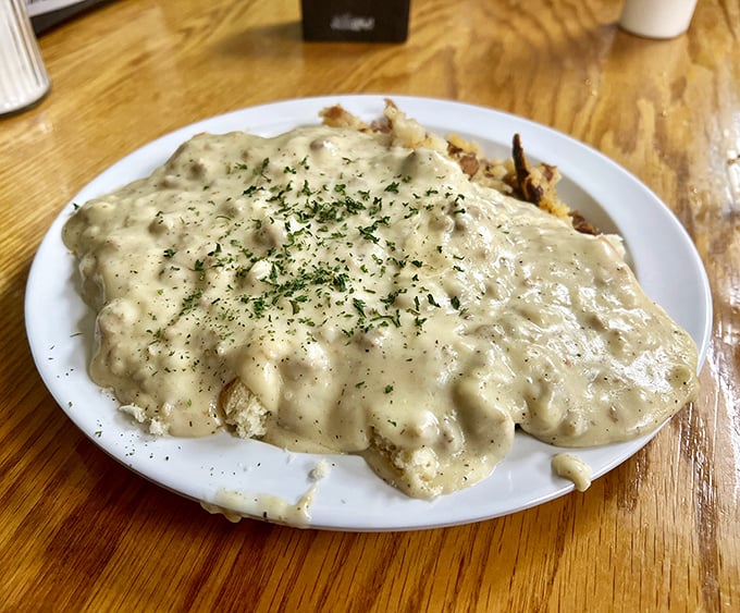 Biscuits and gravy nirvana &ndash; a mountain of peppery, sausage-studded gravy atop clouds of freshly baked biscuit heaven.