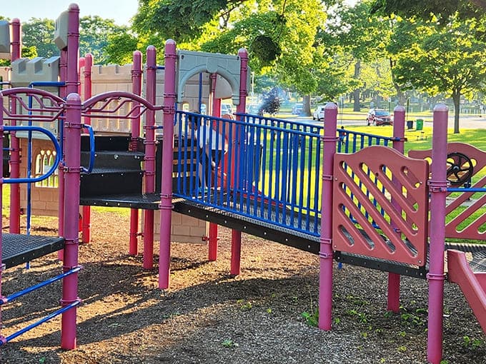 This playground's vibrant colors pop against the green grass like a box of crayons exploded in the best possible way.