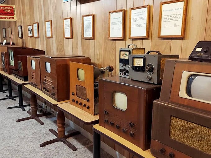 Magnificent wooden cabinets house primitive screens &ndash; when televisions were built like battleships and looked like fine furniture.