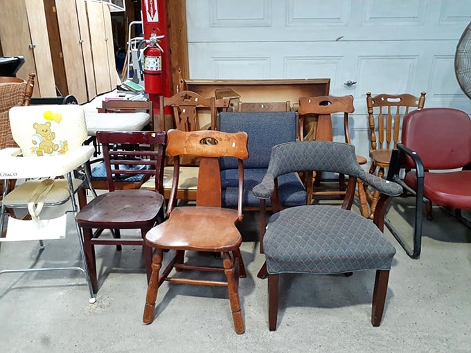 Wooden chairs with character await new homes &ndash; each scratch and worn spot represents family dinners and conversations from decades past.
