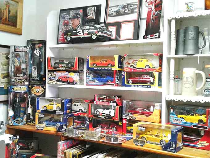 Die-cast model cars line the shelves like a miniature automotive museum, capturing America's love affair with the automobile in perfect miniature.