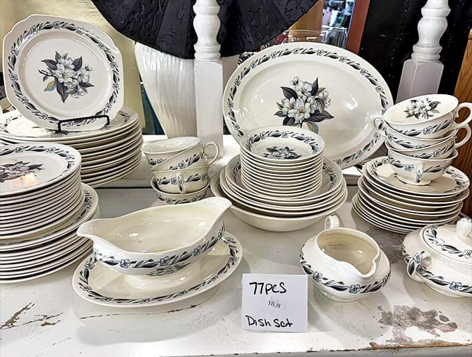 Grandmother's china has nothing on this elegant 77-piece dish set, complete with serving pieces and not a chip in sight.