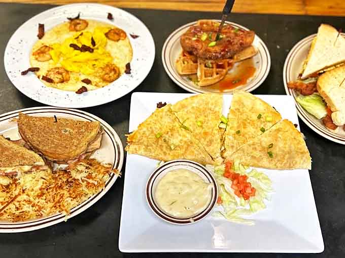 Breakfast spread that would make a food photographer weep with joy. The quesadilla's crispy exterior hides a gooey, cheesy center.
