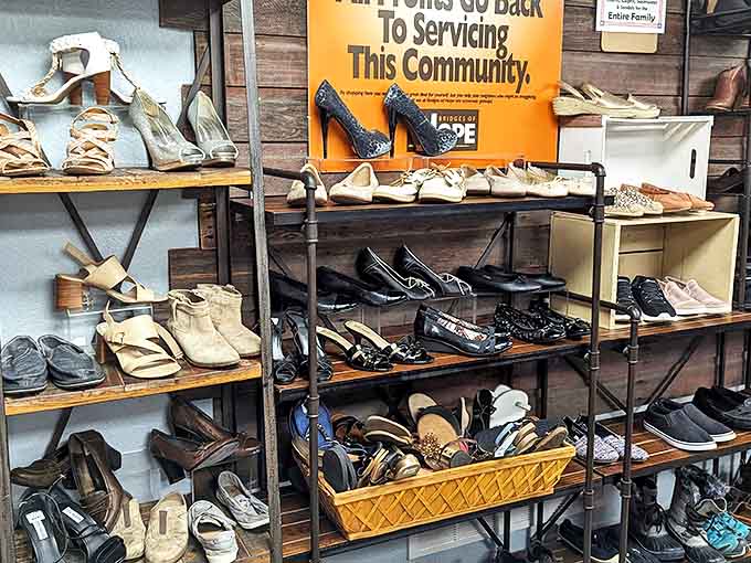 The footwear section resembles a shoe store time machine, with styles spanning decades and conditions ranging from gently loved to practically new.