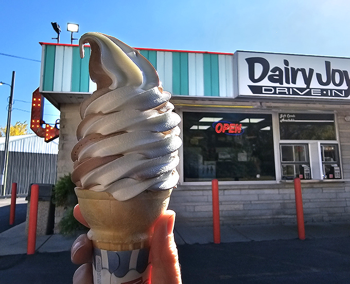 That perfect soft-serve spiral defies both gravity and willpower. One look and suddenly you're eight years old again, sticky-fingered and grinning.