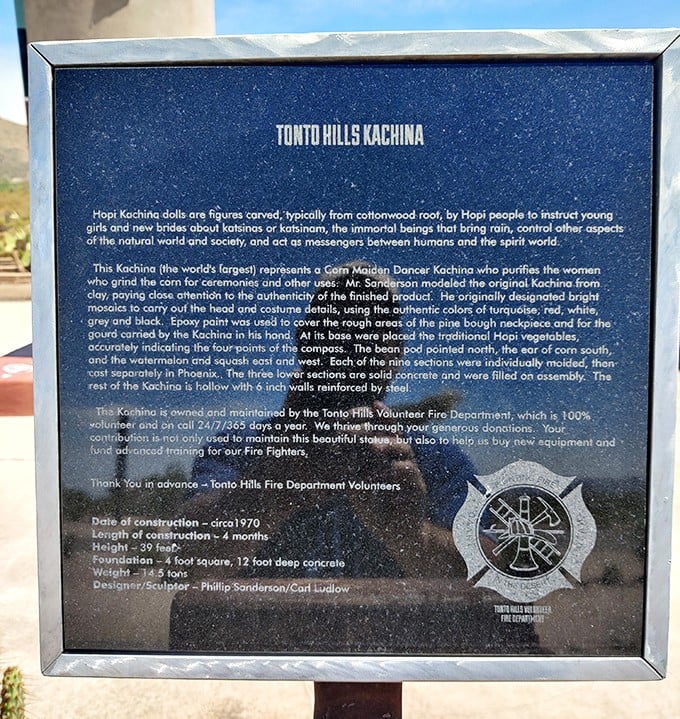 Historical marker reveals the Kachina's cultural significance and the community spirit behind its maintenance.