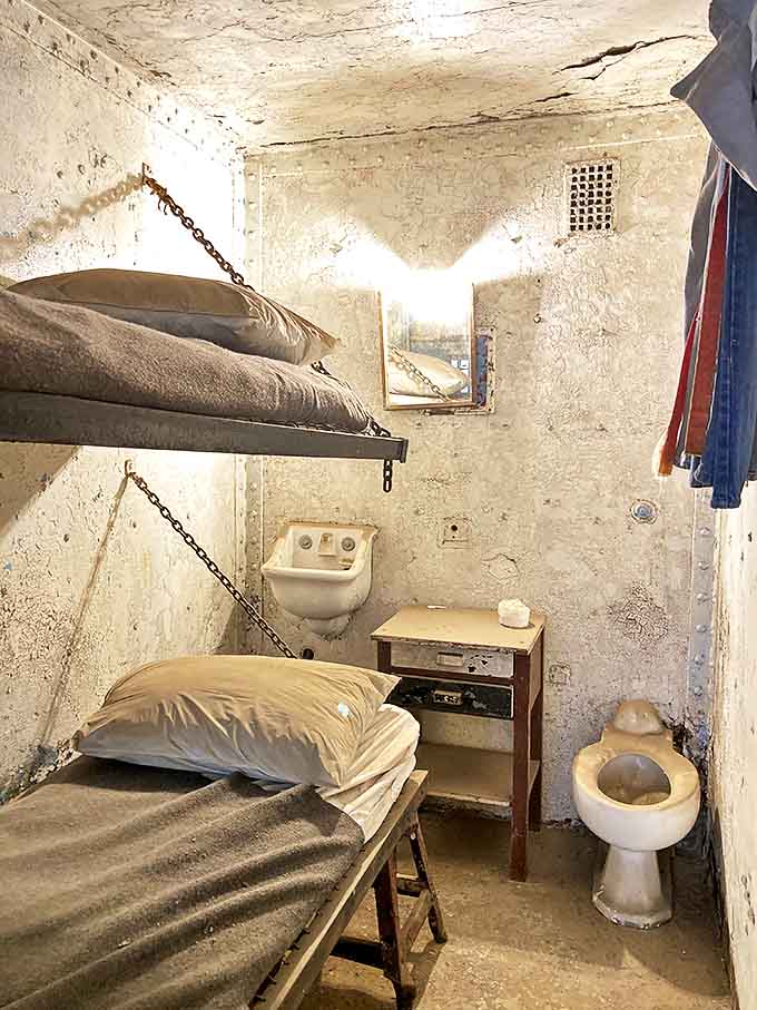 Cell sweet cell: Luxury accommodations included chain-suspended beds, a toilet without privacy, and all the concrete ambiance you could handle.