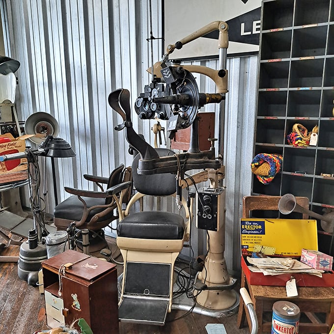 Not your average eye exam! This antique optometry chair looks ready to diagnose patients from a century ago.