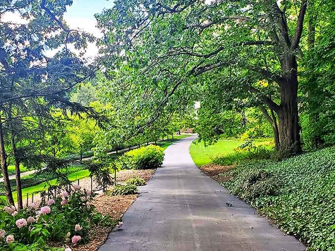Winding pathways beneath a canopy of mature trees create natural tunnels of tranquility, perfect for thoughtful strolls and whispered conversations.