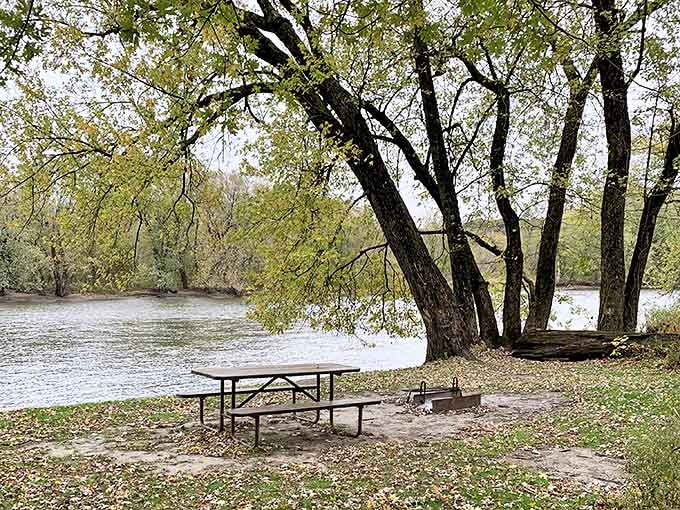 A riverside picnic spot where the gentle current provides nature's soundtrack &ndash; perfect for contemplation or an impromptu sandwich concert.