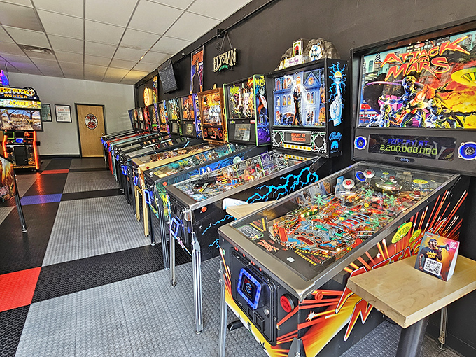 Row after glorious row of pinball machines await, each one meticulously maintained and ready to challenge players from novice to wizard status.